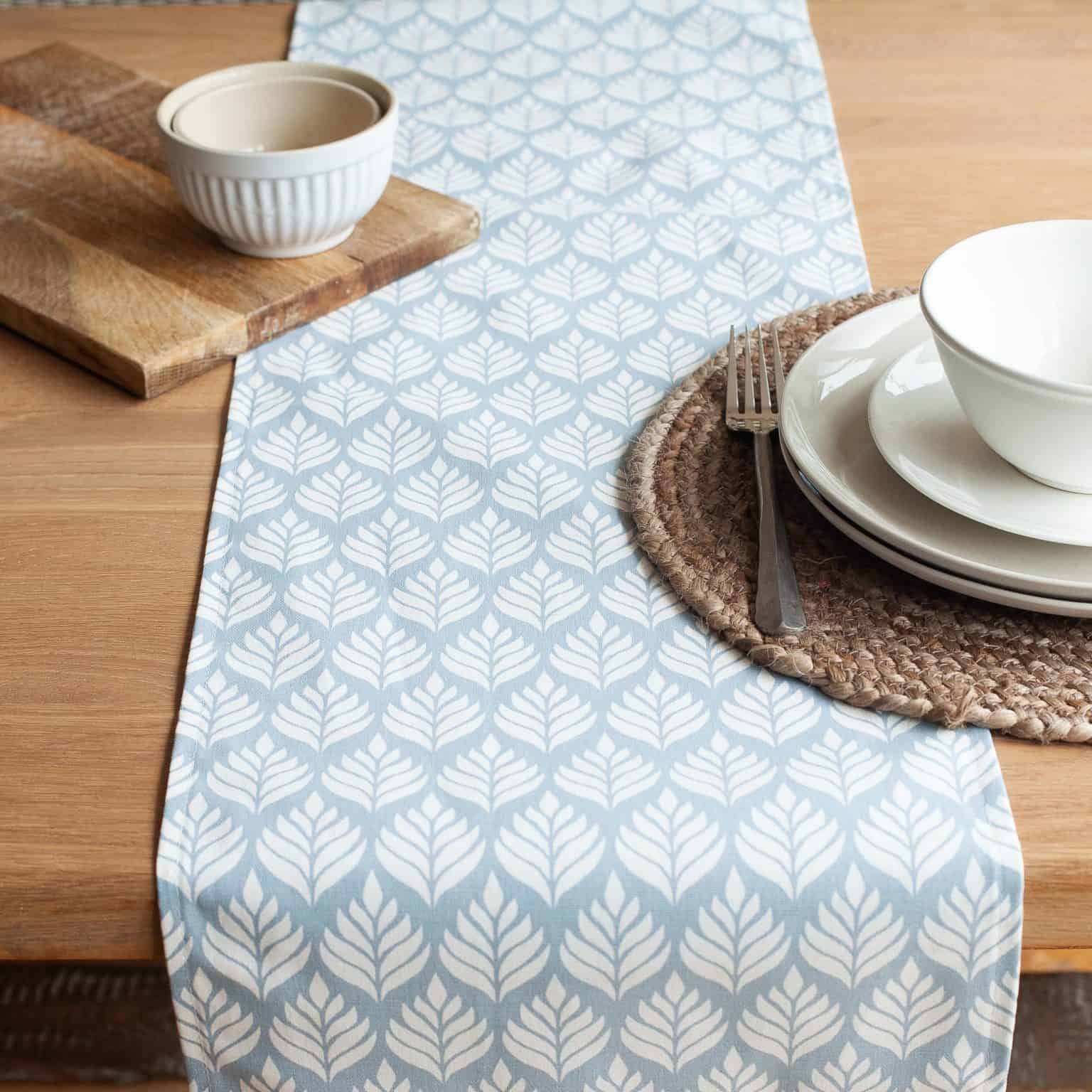 Scandi Leaf Table Runner in Duck Egg Blue - Linen Loft