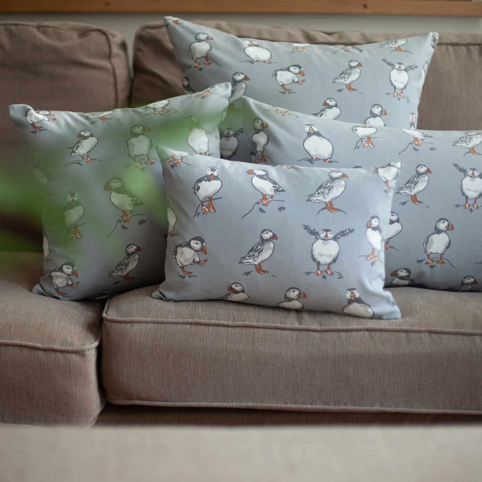 Puffins Boudoir Cushion in Light Grey - Linen Loft