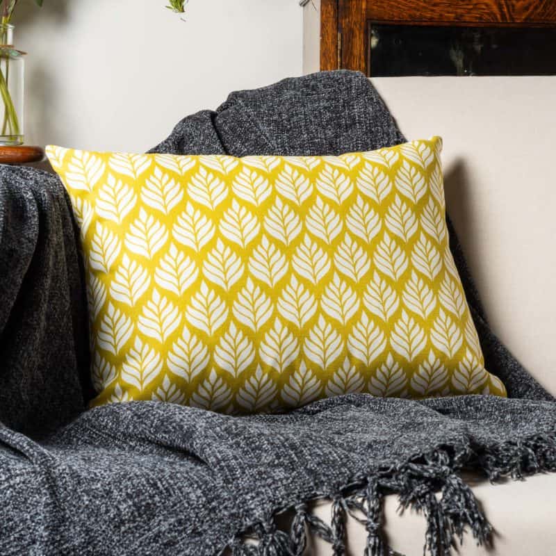 Minimalist Scandi Leaf Boudoir Cushion in Yellow - Linen Loft