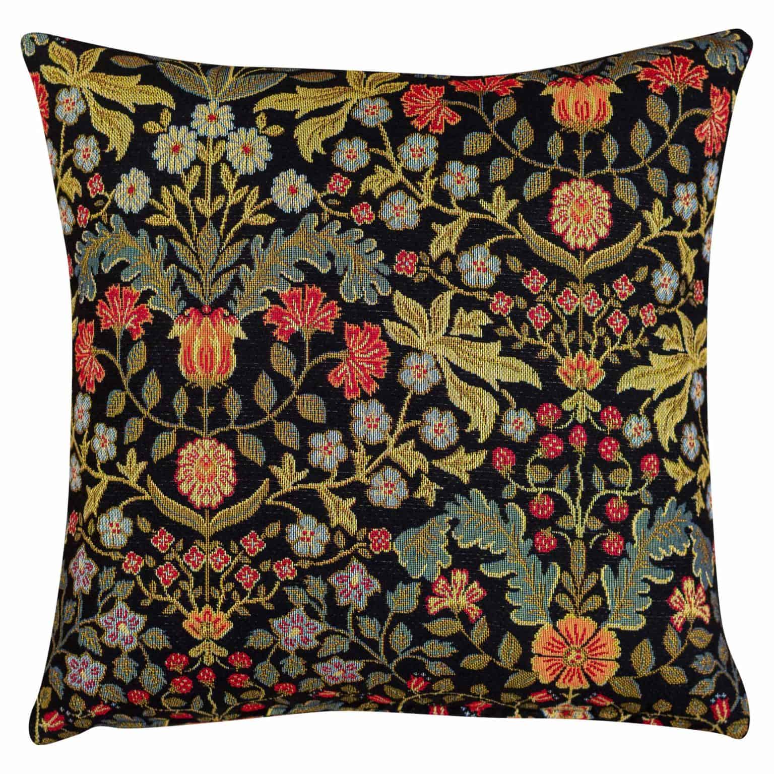 Morris Style Leaves and Berries Cushion in Black - Linen Loft