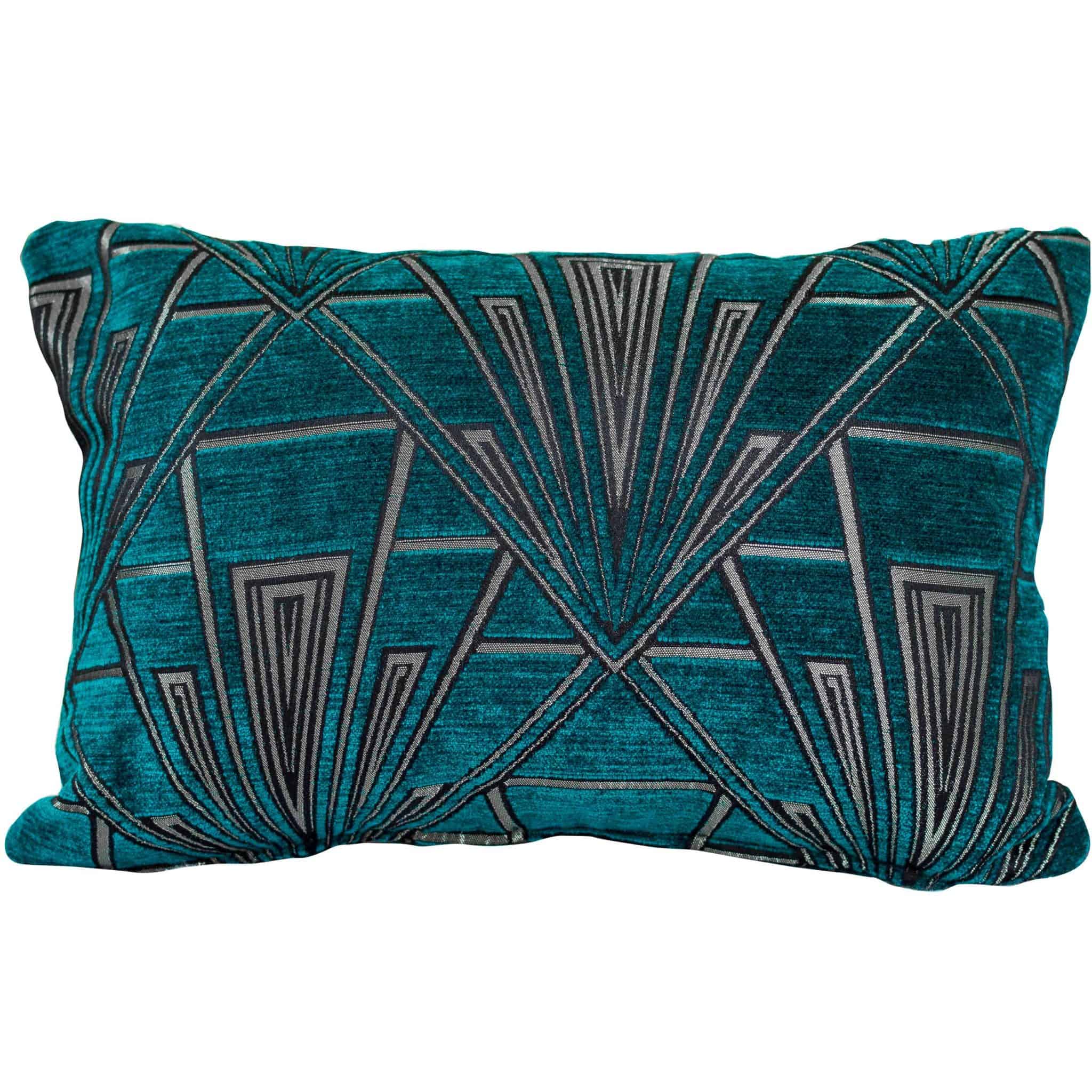 Art Deco Geometric Boudoir Cushion in Teal and Silver - Linen Loft