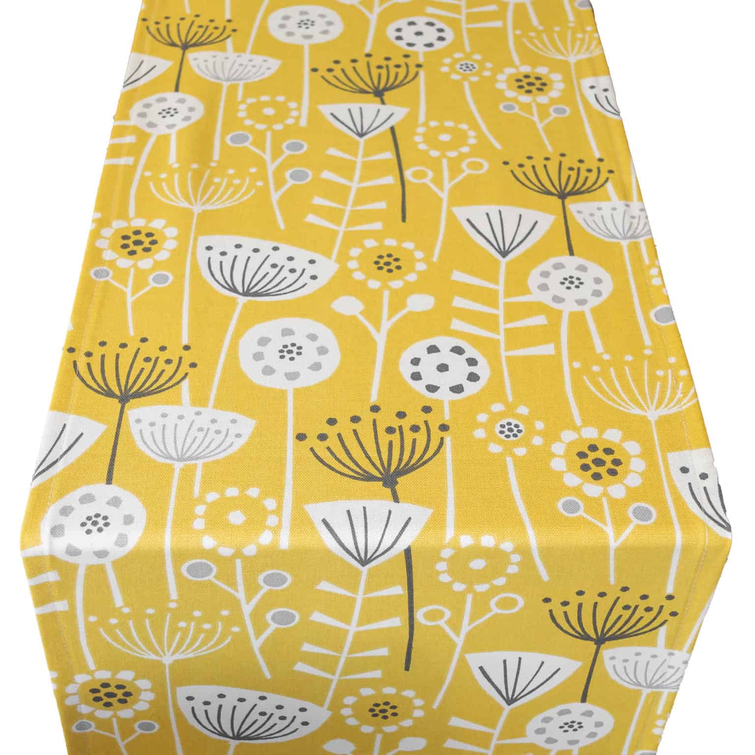 Scandi Floral Print Table Runner in Yellow and Grey - Linen Loft
