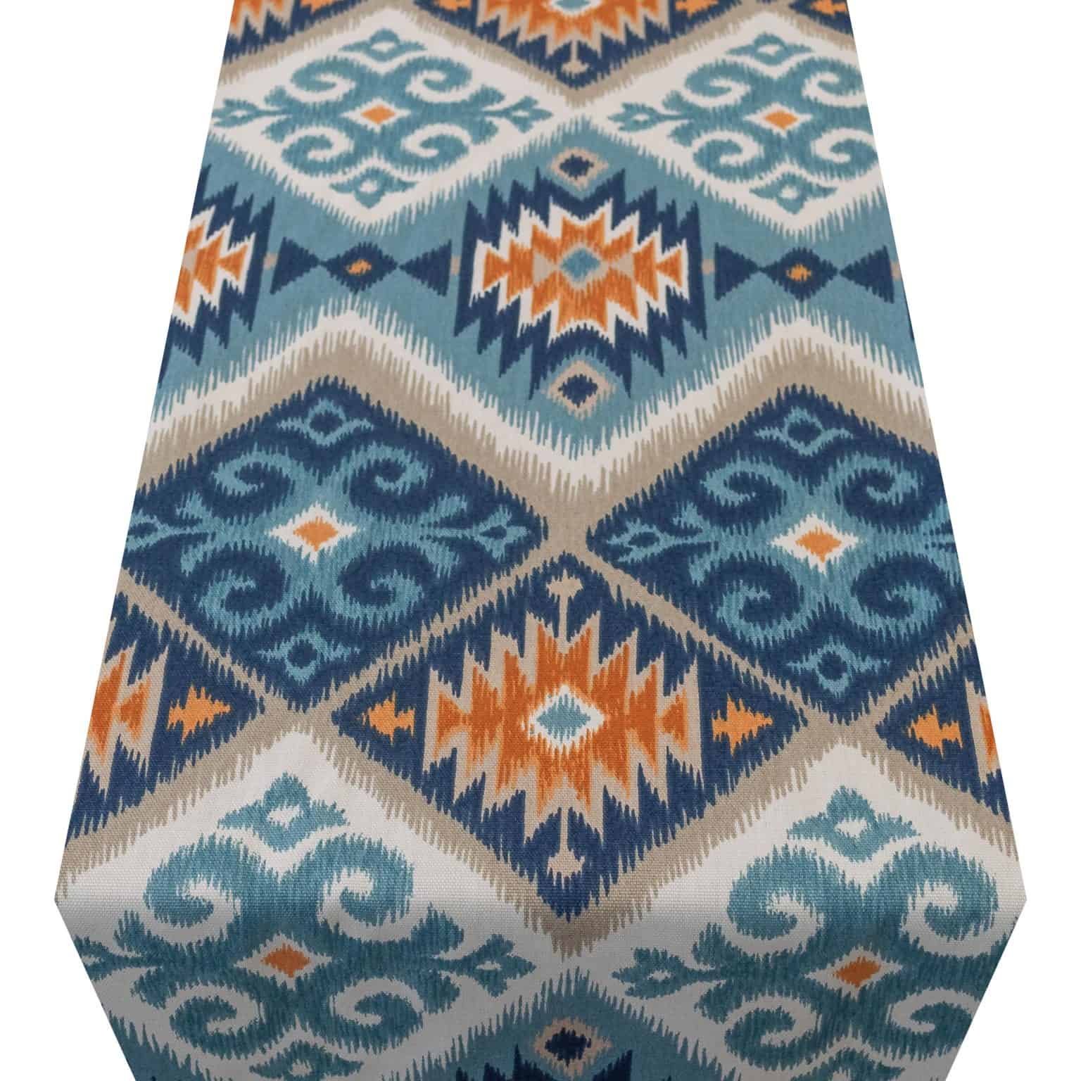 Navajo Kilim Table Runner in Teal Blue and Orange - Linen Loft
